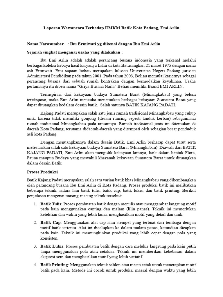 Rafi-Laporan Wawancara Terhadap UMKM Batik Kota Padang Emi Arlin | PDF