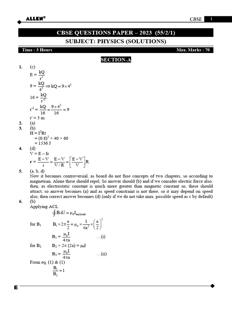 CBSE 2023 Physics Solutions Guide | PDF | Inductor | Electromagnetism