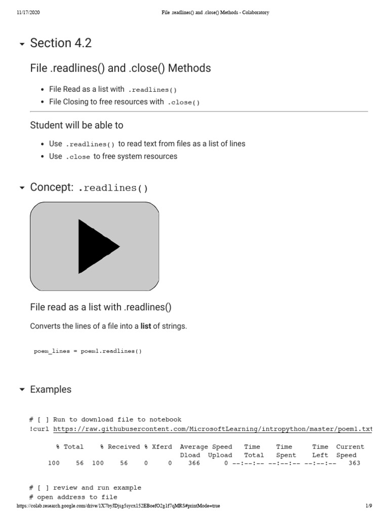 File .Readlines and .Close Methods - Colaboratory | PDF | Text File | Computer Science