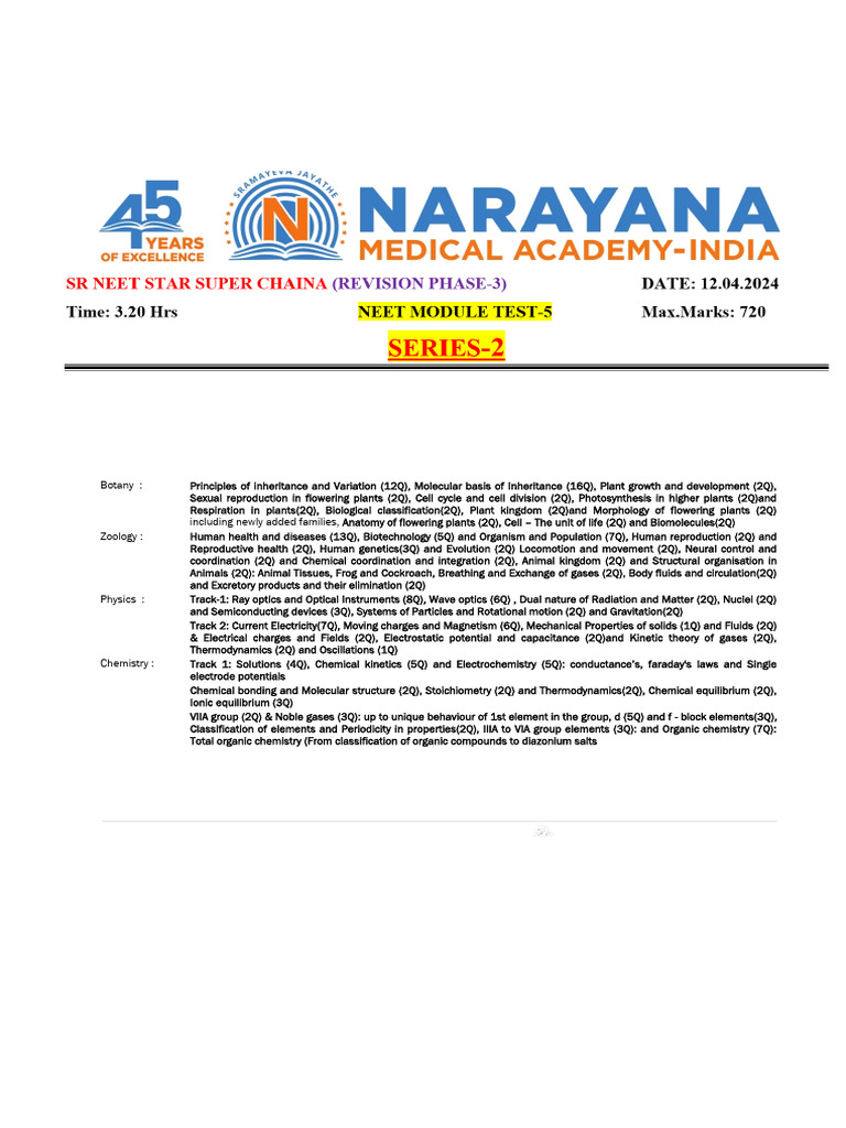 SER_2_SR_NEET_STAR_SUPER_CHAINA_NEET_MODULE_TEST_5_Q_P_EX_DT_12 | PDF ...