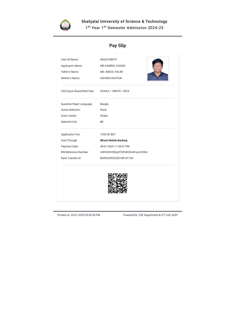 SUST Admission Pay Slip 2024-25 | PDF