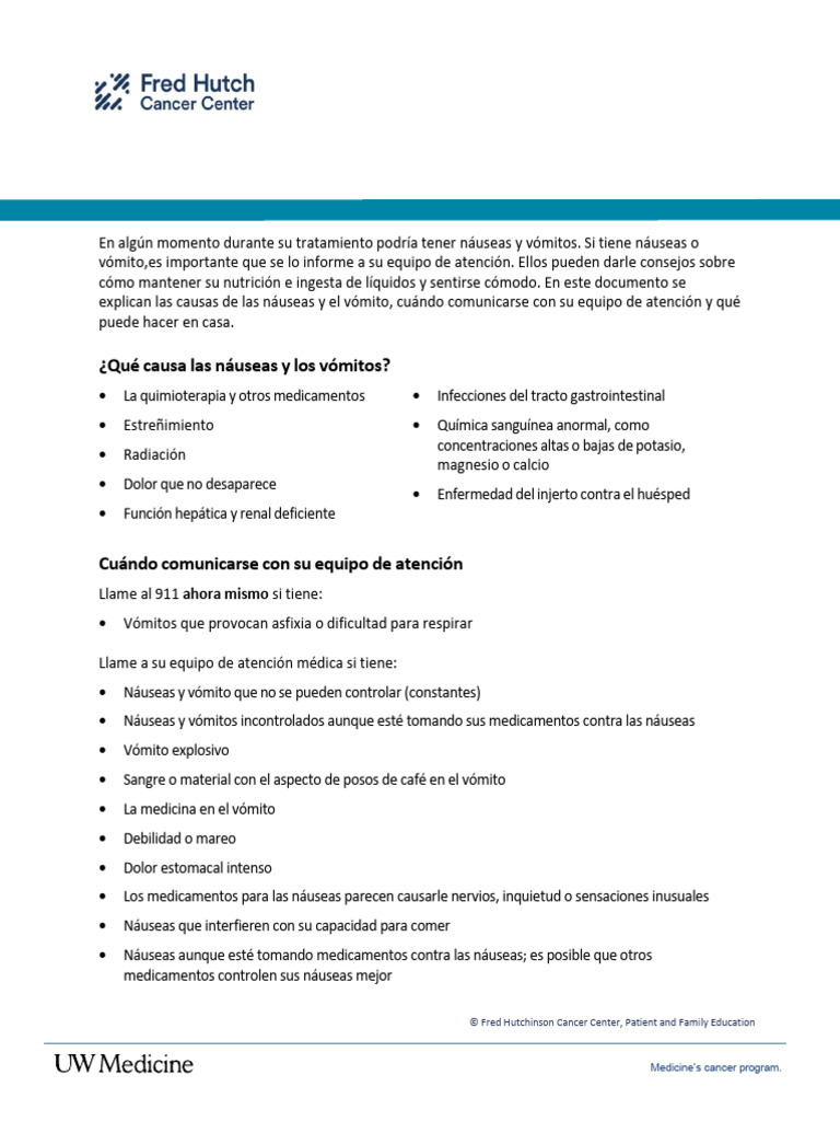 Náuseas y Vómitos: Guía para Pacientes | PDF | Vómitos | Cáncer