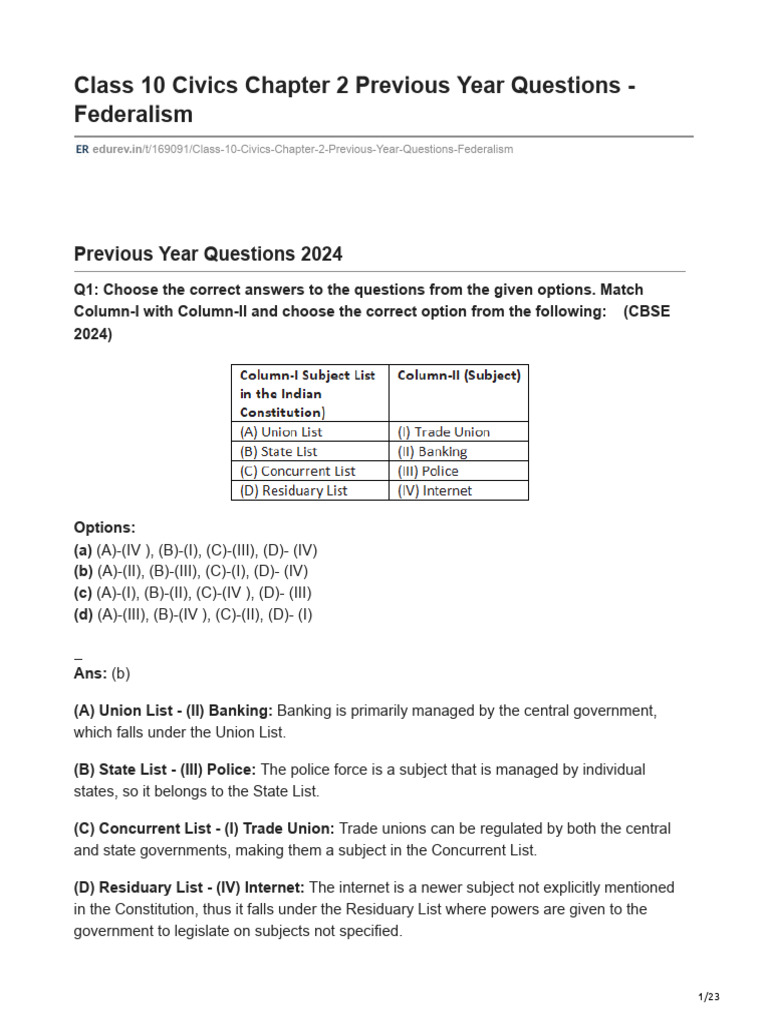 Class 10 Federalism: Key Questions | PDF | Government | Governance