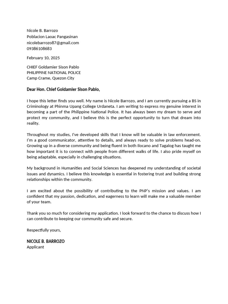 Cover Letter - PNP - Nicole B. Barrozo | PDF