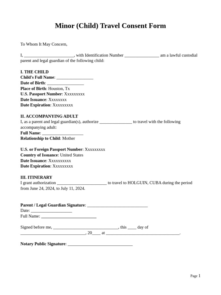 Texas Minor Child Travel Consent Form | PDF