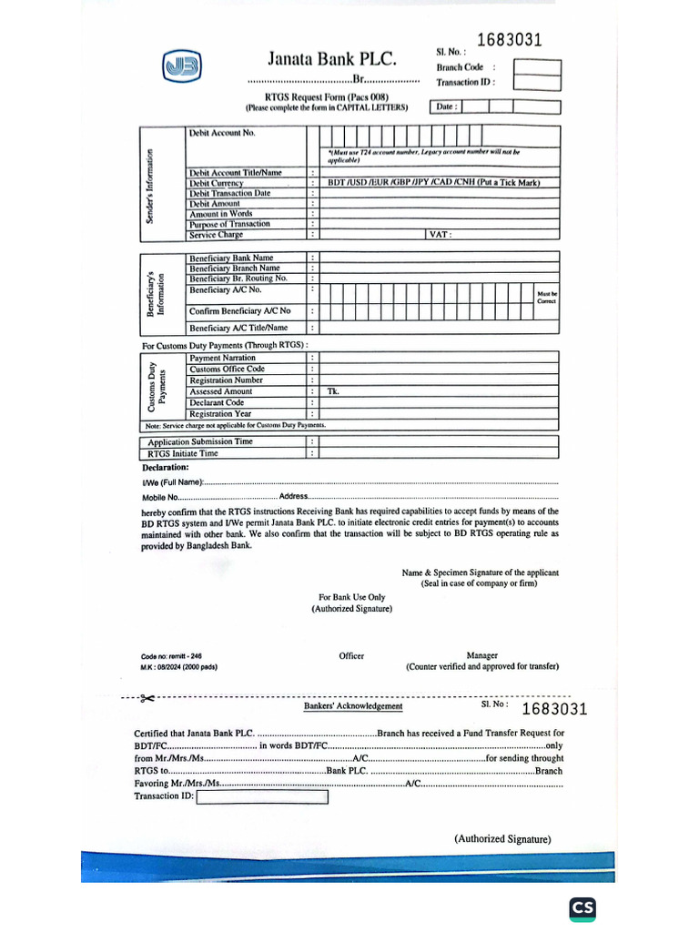 RTGS Form JB | PDF