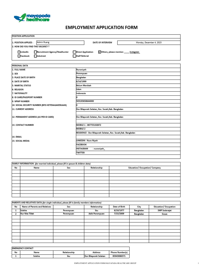 NEW Application Form - Mayapada Healthcare | PDF | Employment ...