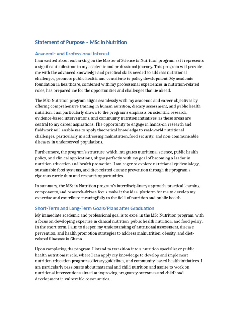 MSc Nutrition Personal Statement | PDF | Public Health | Malnutrition