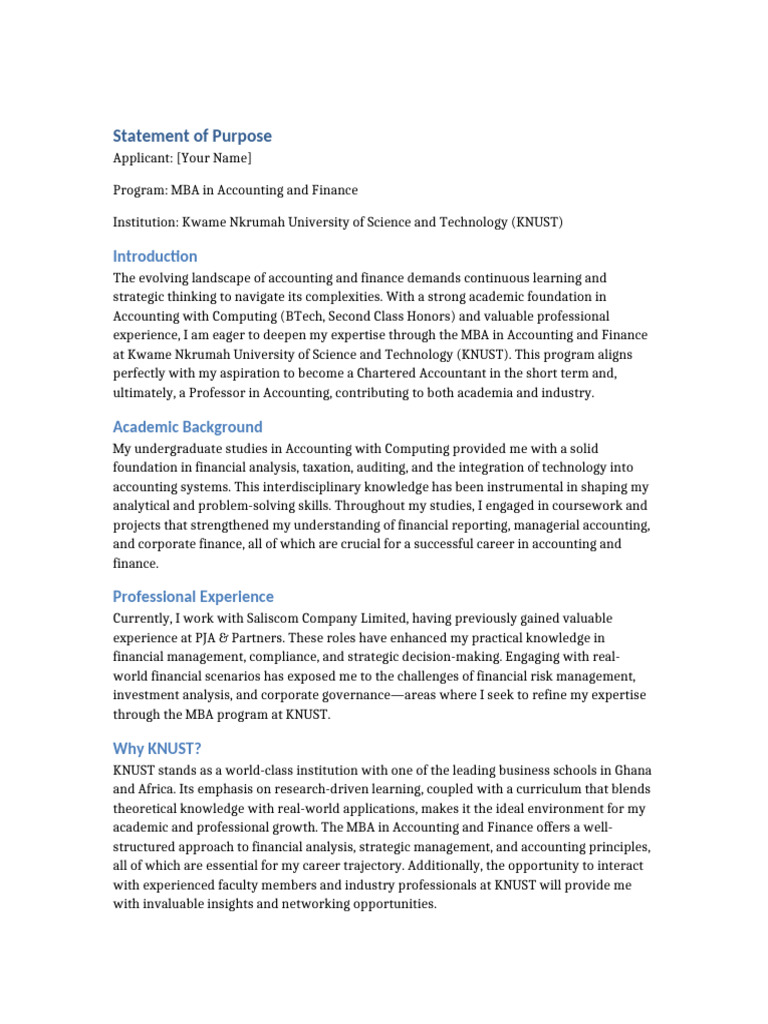 Statement of Purpose KNUST | PDF | Accounting | Master Of Business ...