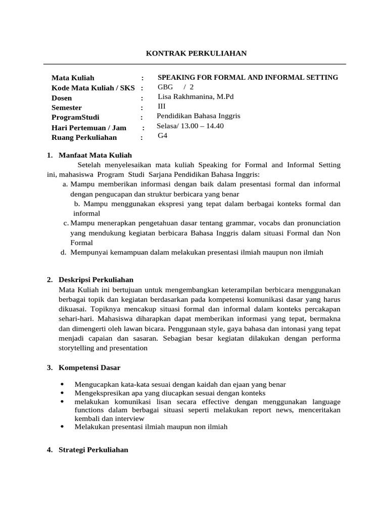 PERANGKAT MENGAJAR MK SPEAKING FOR Formal and Informal Setting | PDF