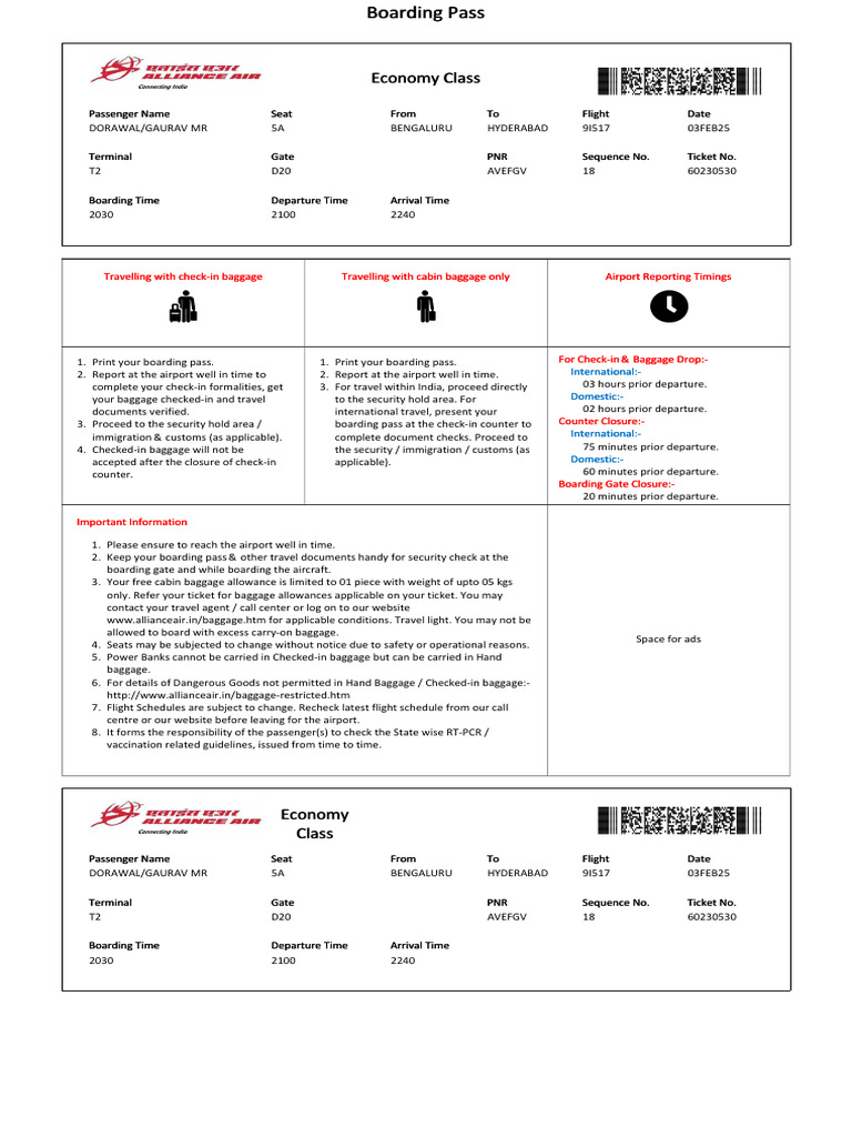 Bengaluru to Hyderabad Boarding Pass | PDF | Airport | Transport