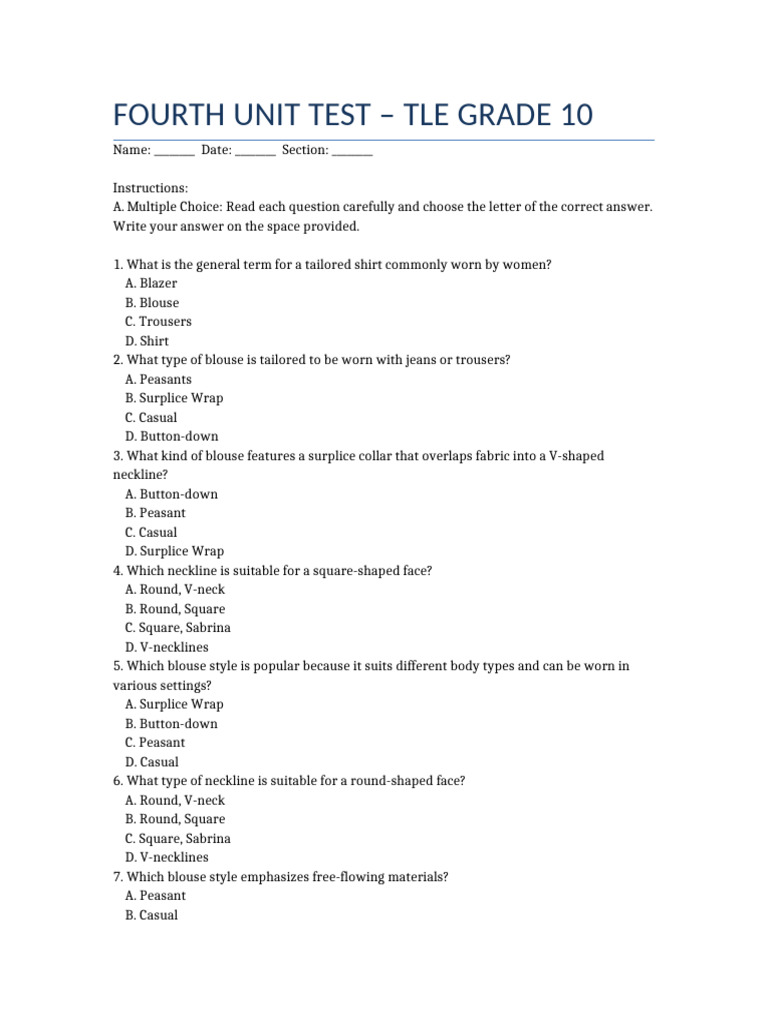 Grade 10 TLE Fourth Unit Test | PDF | Blouse | Softlines (Retail)
