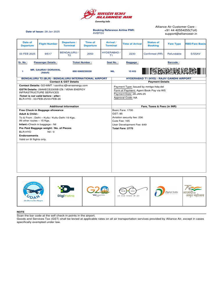 Alliance Air Flight Booking Details | PDF | Airport