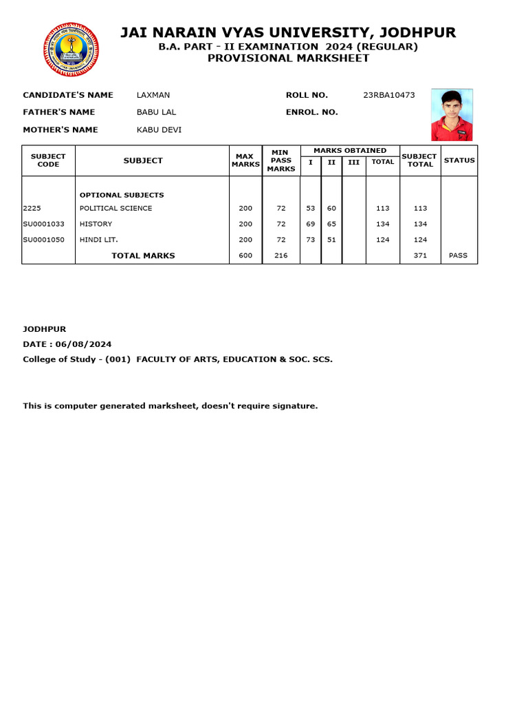 B.A. Part II Provisional Marksheet 2024 | PDF