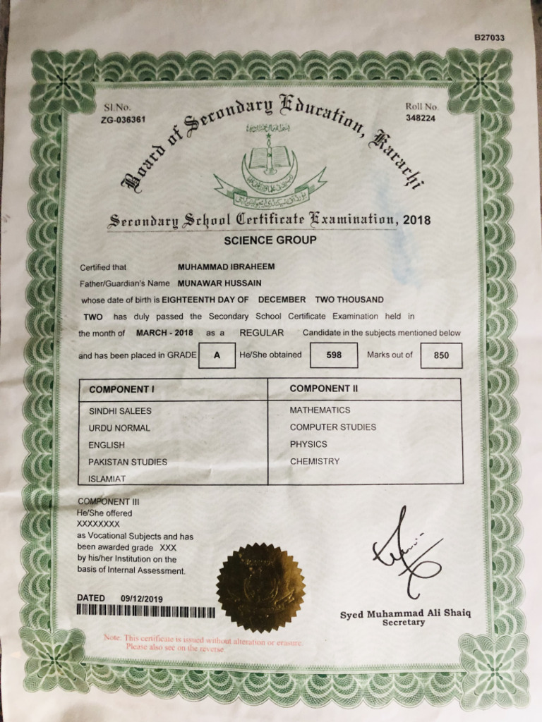 Matric Certificate | PDF