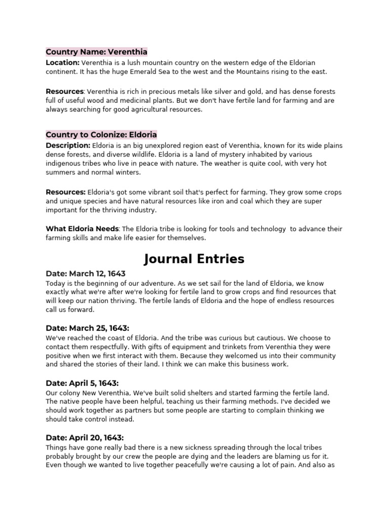 Colonization Story - Journal Entries | PDF | Agriculture | Earth Sciences