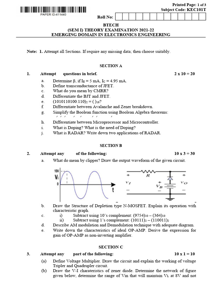 AKTU Btech 1&2 Sem Emerging Domain in Electronics Engineering Kec101t 2022 | PDF | Operational ...