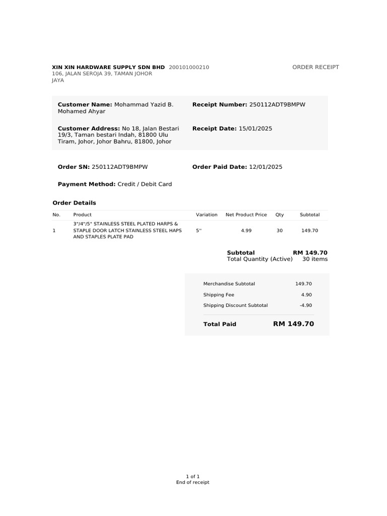 Harps and Staples Order Receipt | PDF