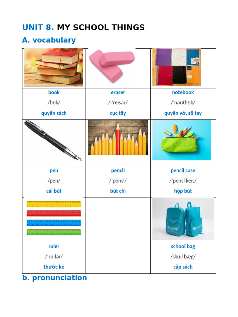 Bài tập bổ trợ anh 3 Global Bùi văn Vinh có đáp án UNIT 8. MY SCHOOL THINGS | PDF | English ...