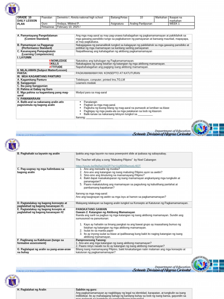 Ap Aralin 1 Lesson Plan Final | PDF