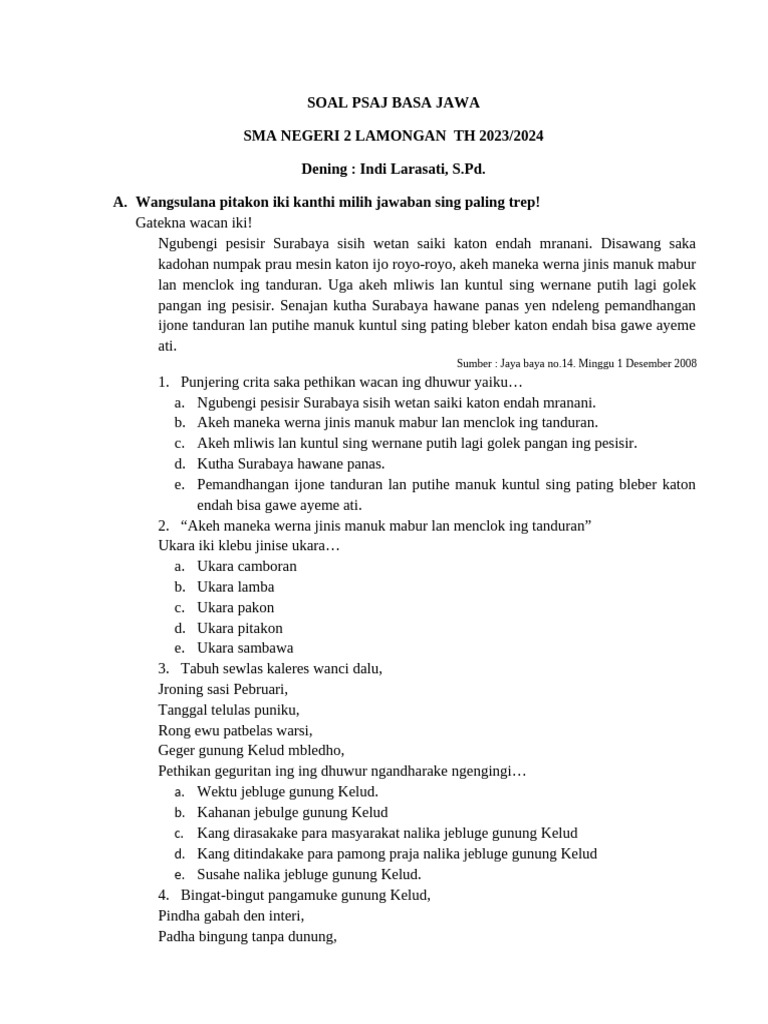 Soal Psaj Basa Jawa 2023-2024 | PDF