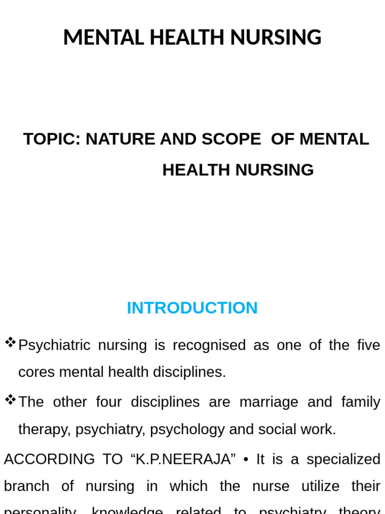 MHN Unit 1 Nature & Scope of MHN | PDF | Psychiatry | Mental Health