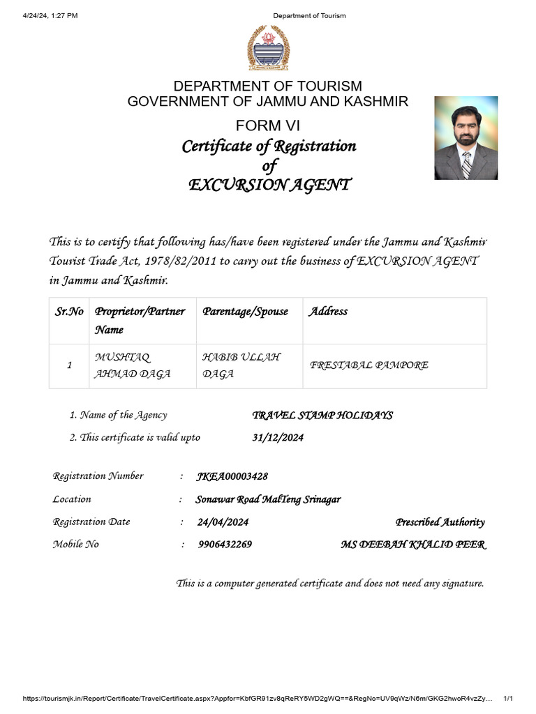 J&K Excursion Agent Registration Certificate | PDF