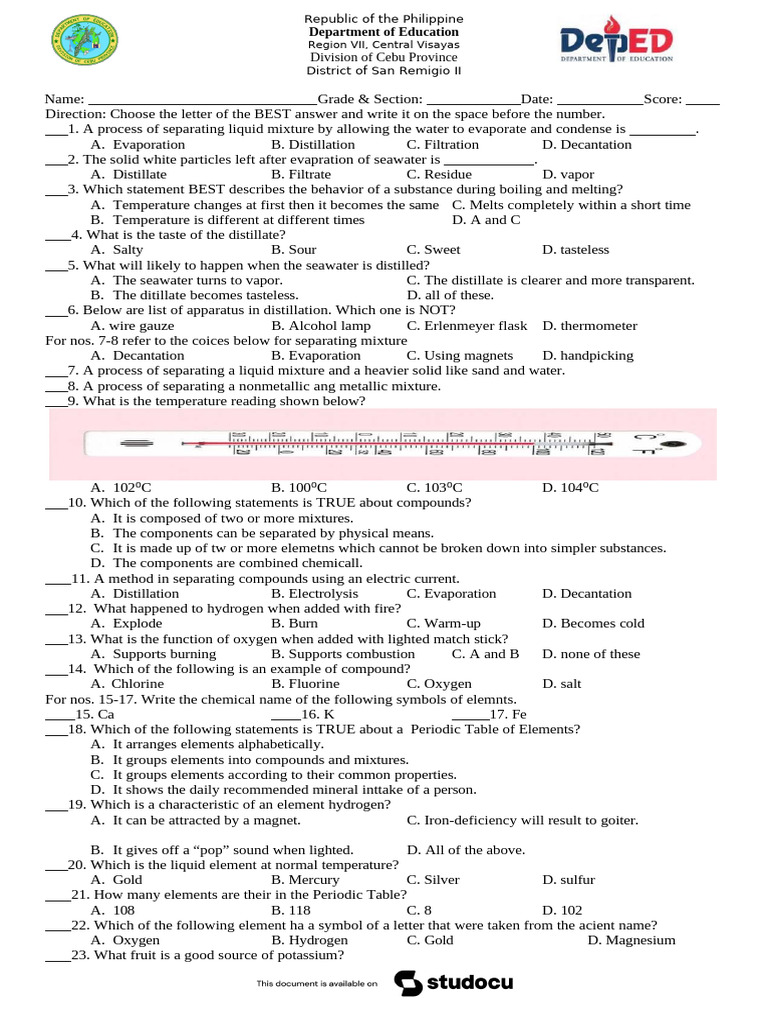 2nd Periodical Exam Remedial Exam On Biology | PDF | Distillation ...