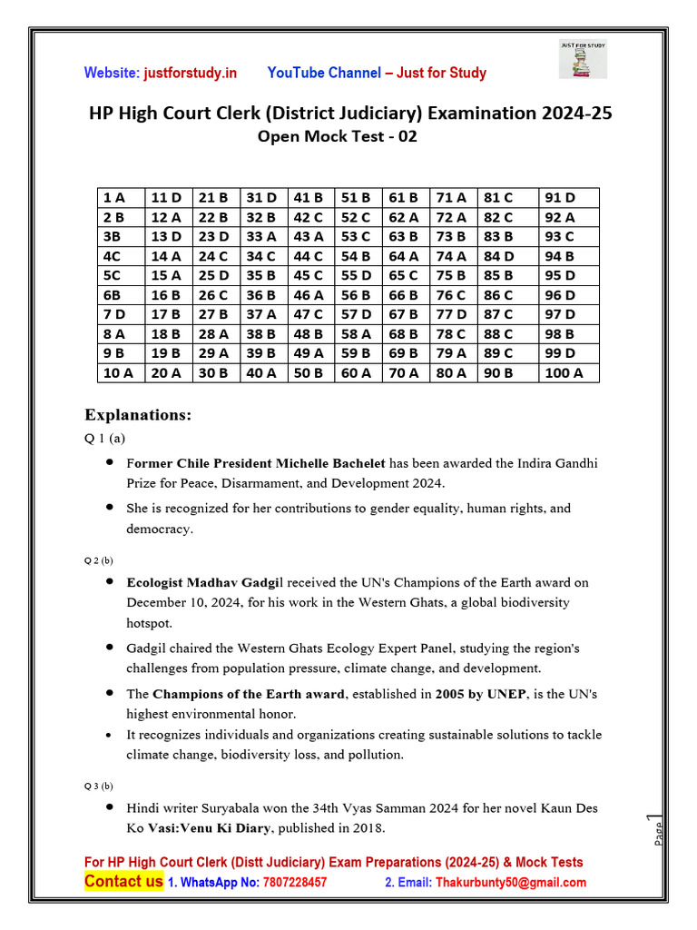 Answer Key Open Mock Test 02-Clerk (Distt Judiciary) HP High Court ...
