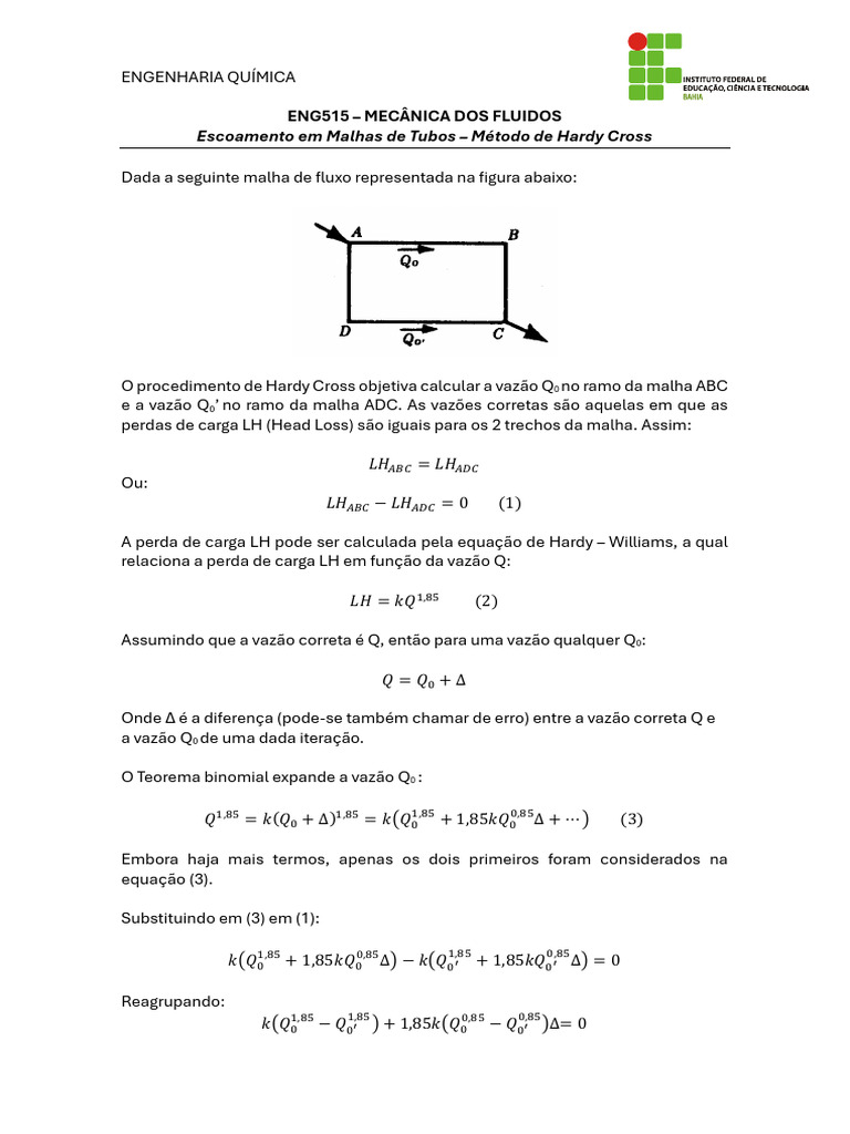 IFBA MecFlu Prof Hardy Cross Loop Teoria | PDF | Mecânica dos fluidos ...