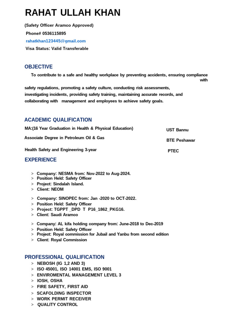 Rahat Aramco CV | PDF | Occupational Safety And Health | Safety