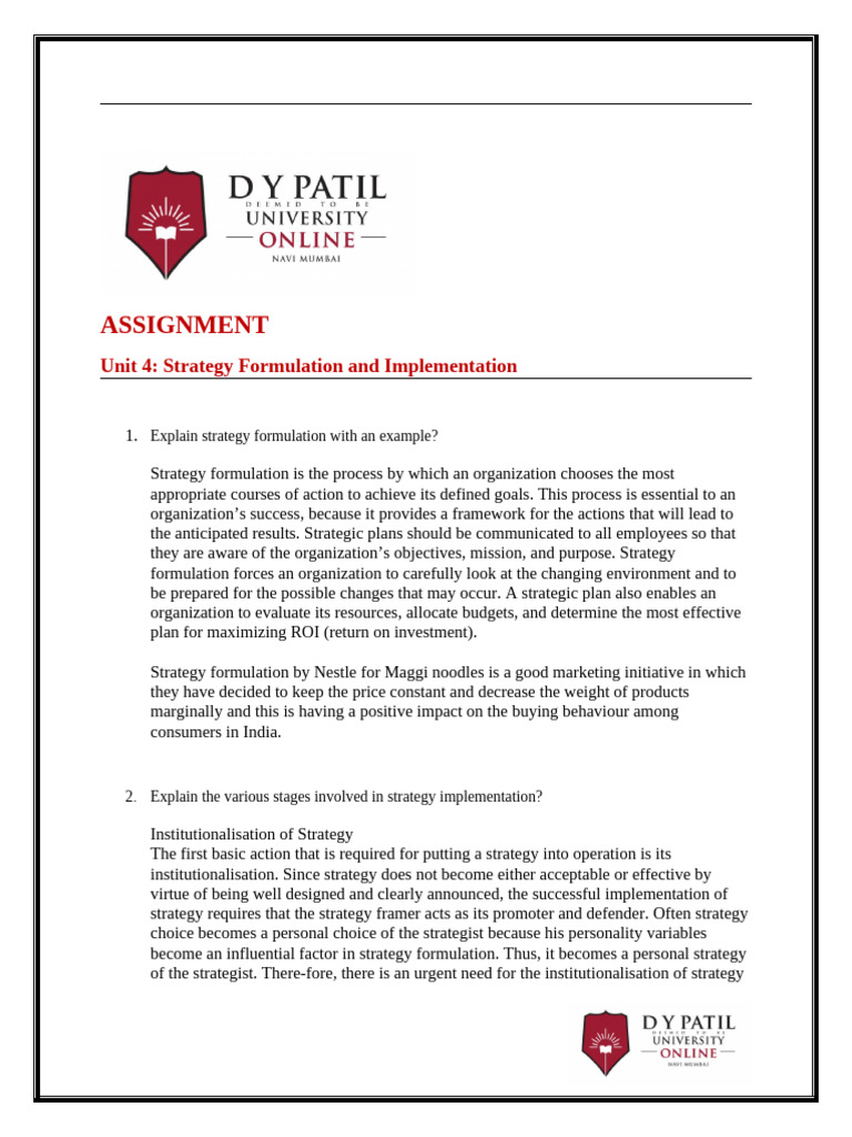 Unit 4 (Assign)Strategy Formulation and Implementation submitted | PDF ...