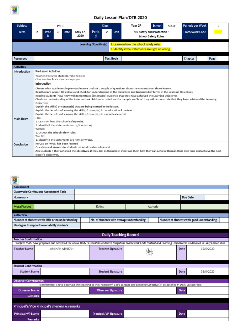 DLP & DTR W3 L1 PSHE Year 2F | PDF | Lesson Plan | Teachers