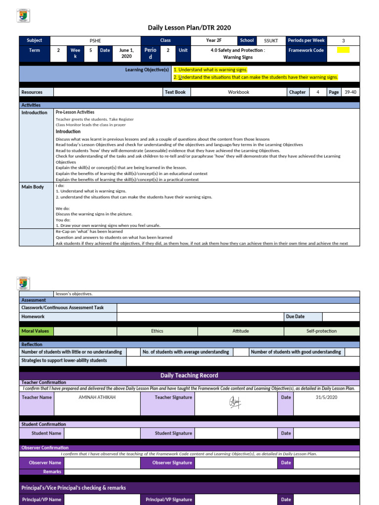 DLP & DTR w5 l1 Pshe Year 2f | PDF | Lesson Plan | Behavior Modification