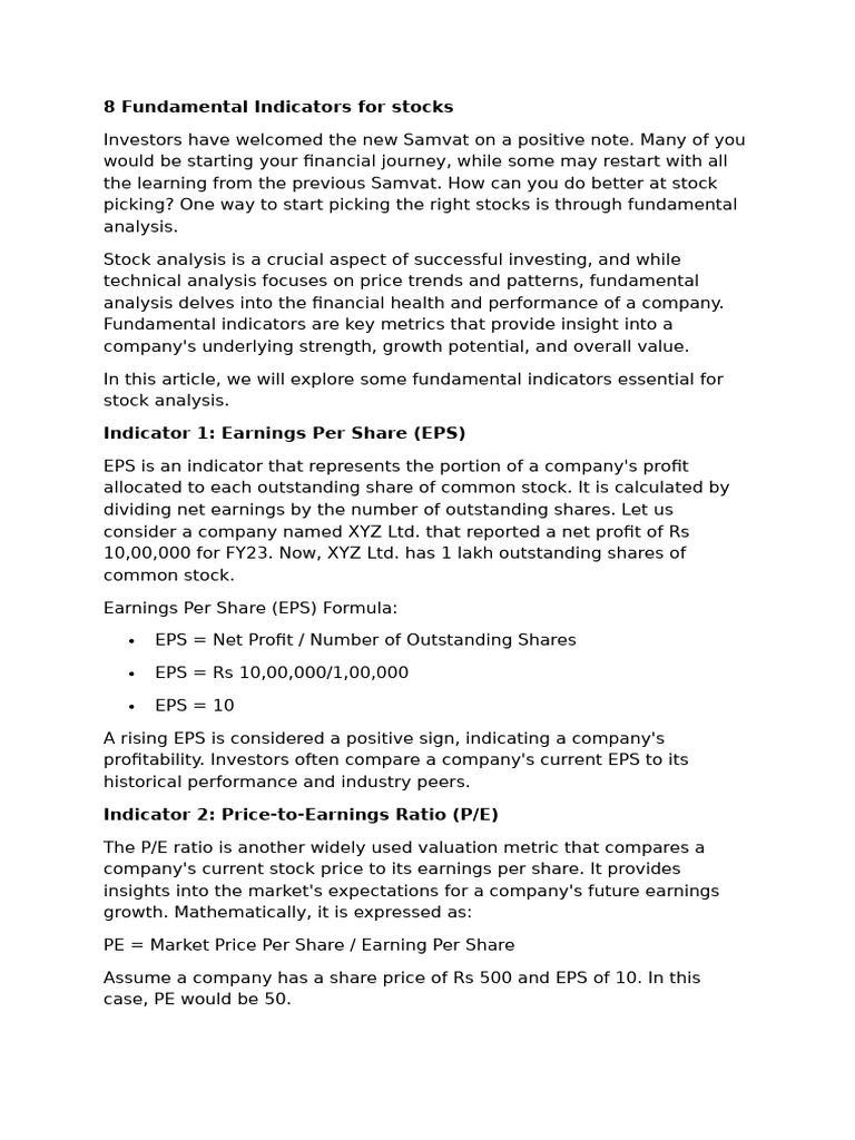 8 Fundamental Indicators For Stocks | PDF | Price–Earnings Ratio | Equity (Finance)