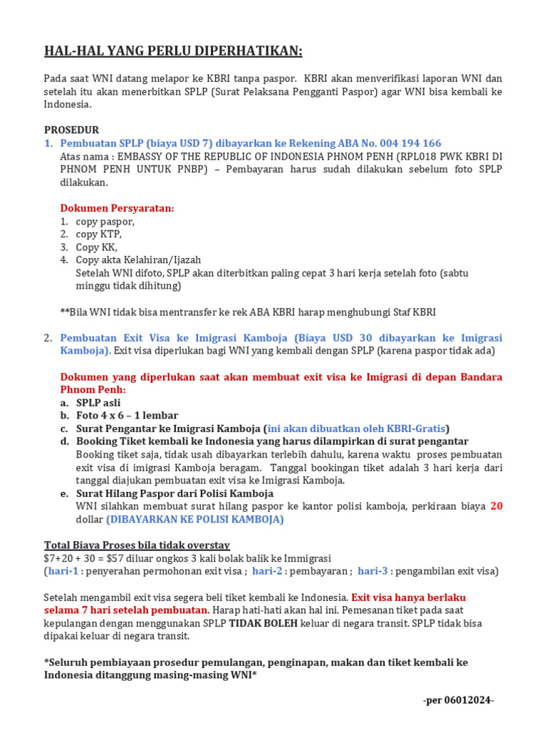 Share '2024 06 Prosedur Pemulangan Dengan SPLP - KBRI PNH - PDF' | PDF