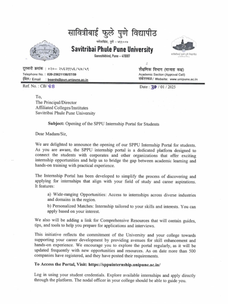 Opening of The SPPU Internship Portal For Students. | PDF