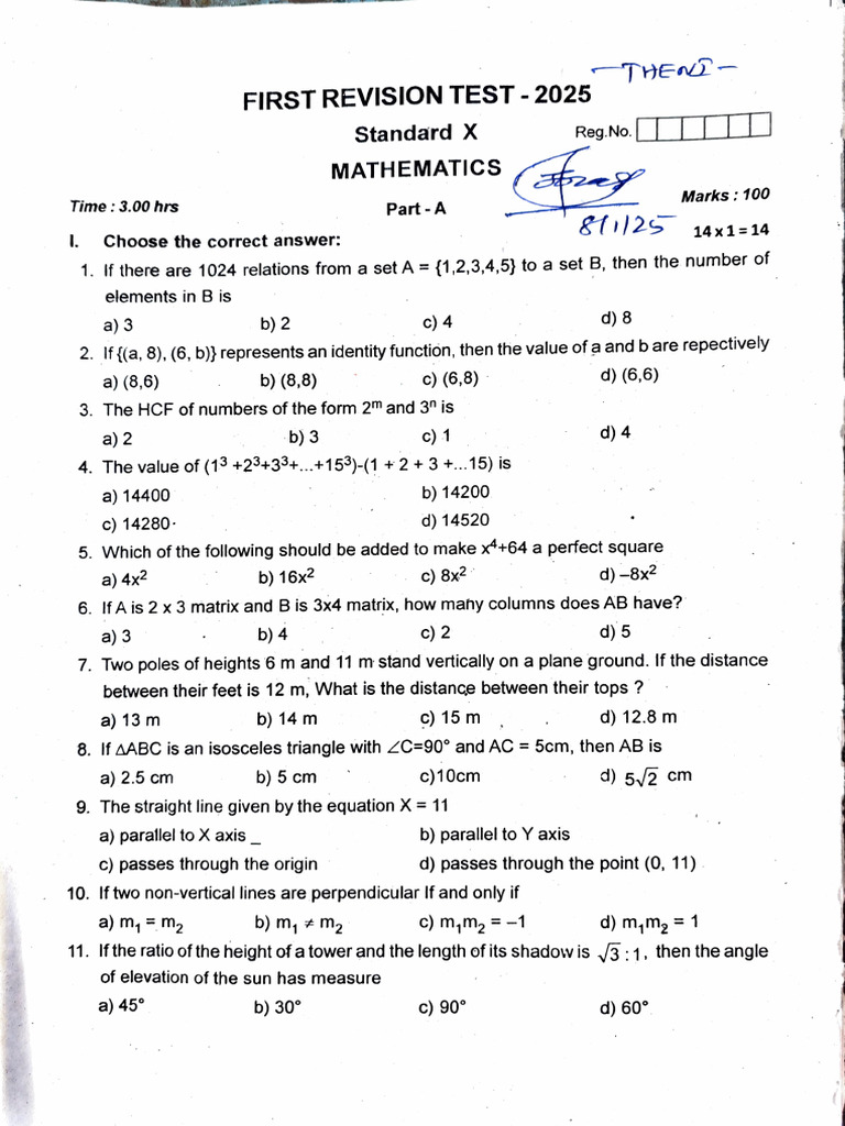 10th Maths 1st Revision Exam 2025 Original Question Paper Theni ...
