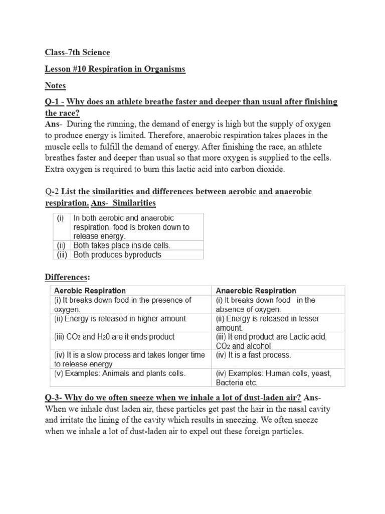 Respiration in Organisms - Class 7 Notes | PDF | Breathing ...