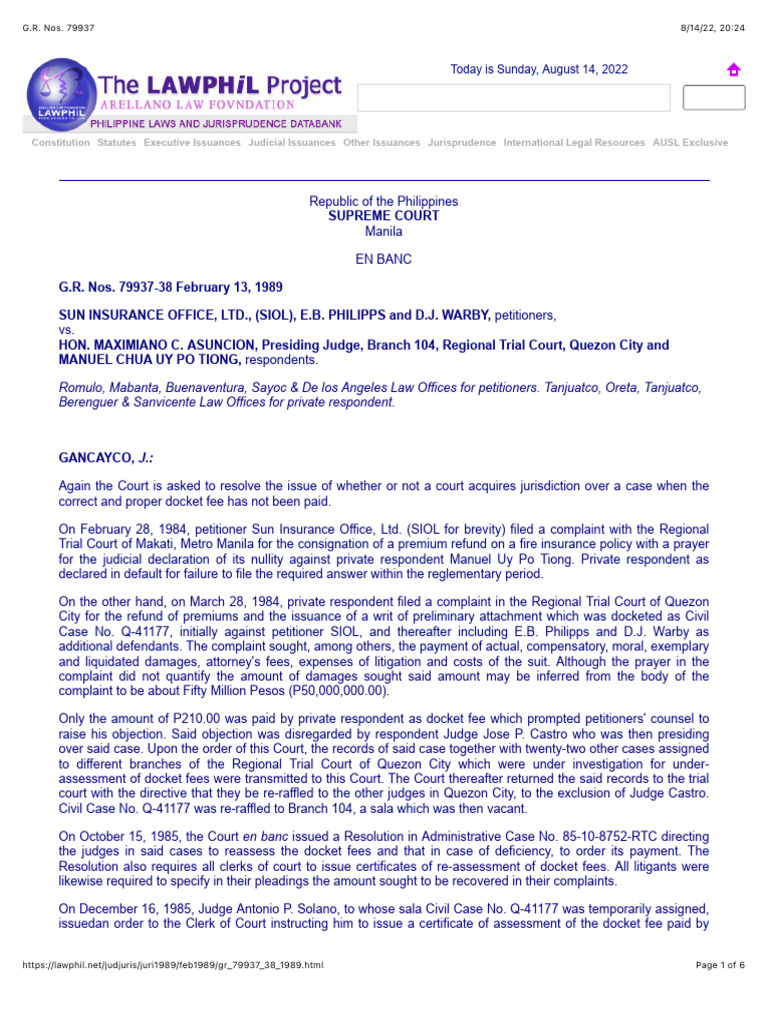 Sun Insurance Office v. Asuncion - G.R. Nos. 79937 | PDF | Complaint ...