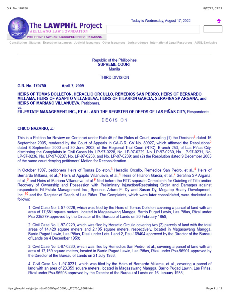 Heirs of Dolleton v. Fil-Estate Management - G.R. No. 170750 | PDF ...