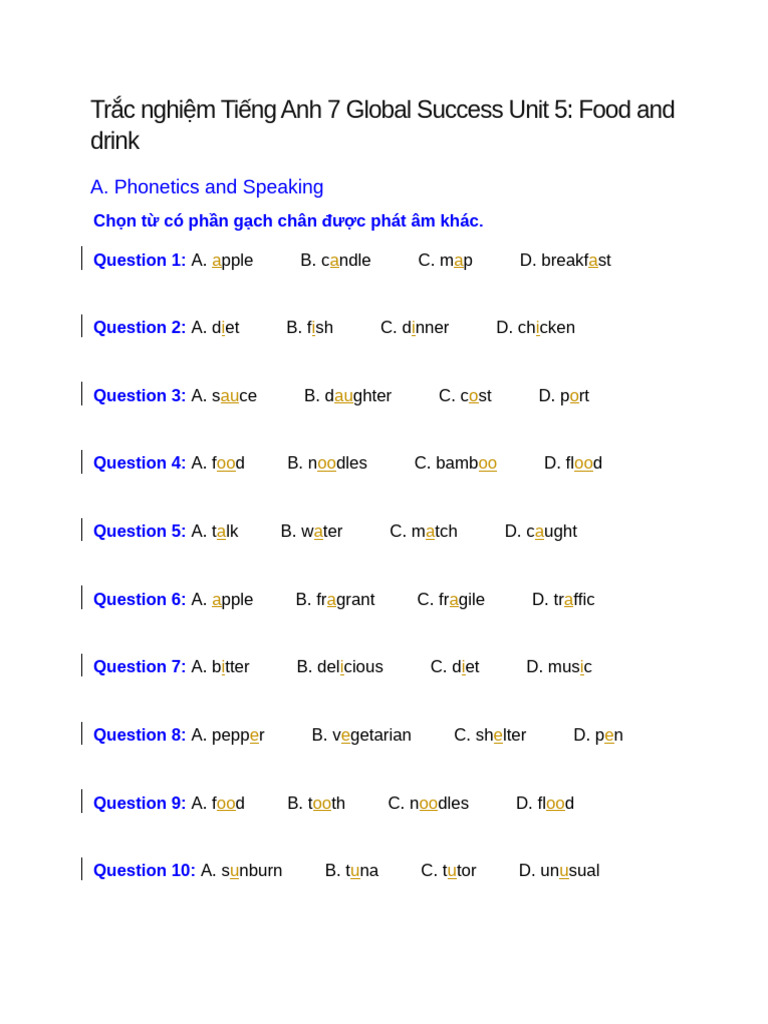 English Quiz: Food and Activities | PDF | Lunch | Meal
