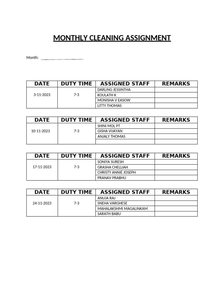 Monthly Cleaning Assignments Schedule | PDF