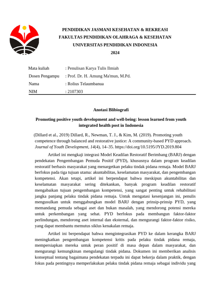 Rolius Telaumbanua_2107303_Tugas Anotasi Blibiografi dan Review Artikel PYD | PDF