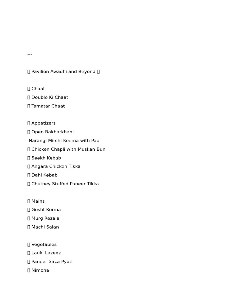 Awadhi Cuisine Menu: Chaat to Desserts | PDF