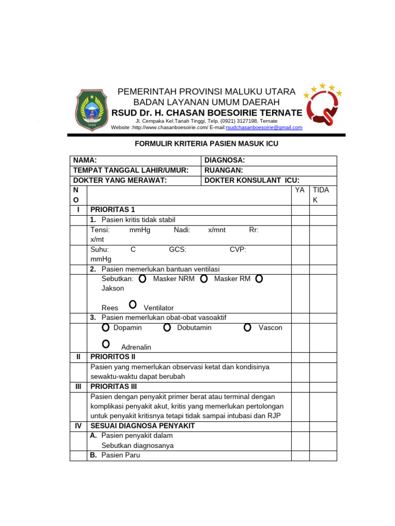 Formulir Kriteria Pasien Masuk Icu | PDF