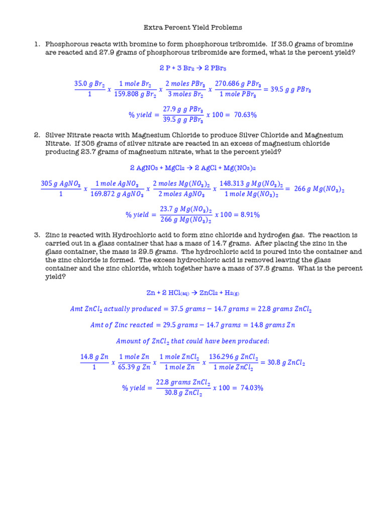 Extra Percent Yield Problems Answers | PDF | Magnesium | Chemical Elements