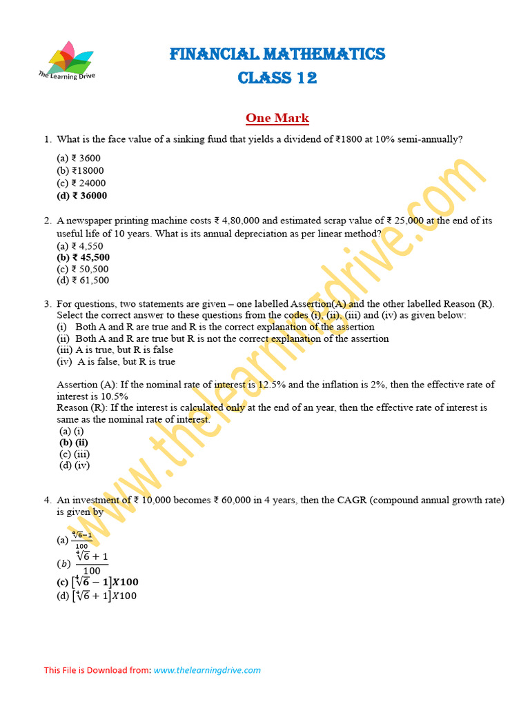 Grade 12 Financial Mathematics MCQs | PDF | Interest | Present Value