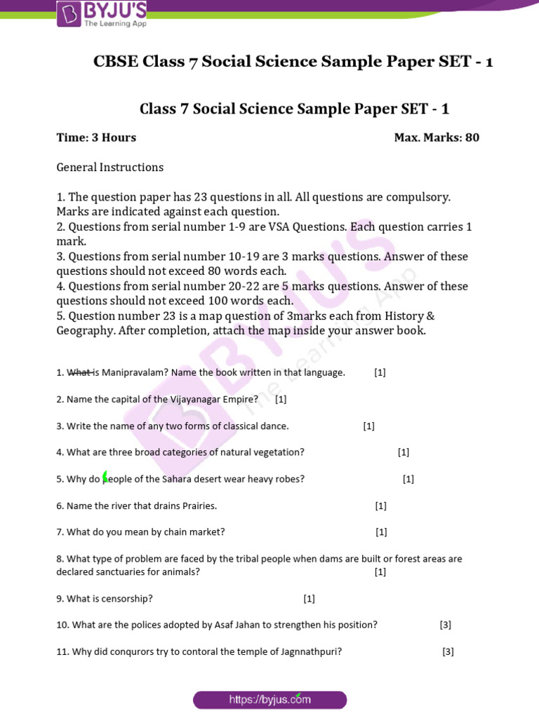 CBSE Class 7 Social Science Sample Paper SET 1 | PDF | Earth Sciences
