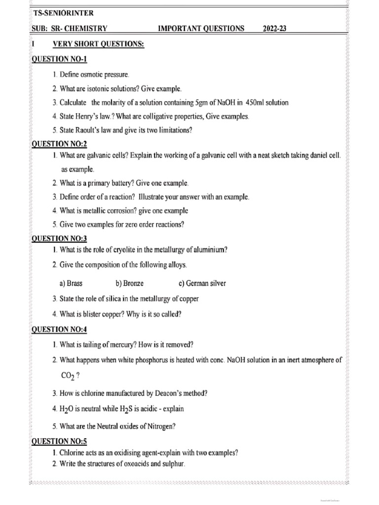 TS SR Chemistry Imp Questions | PDF